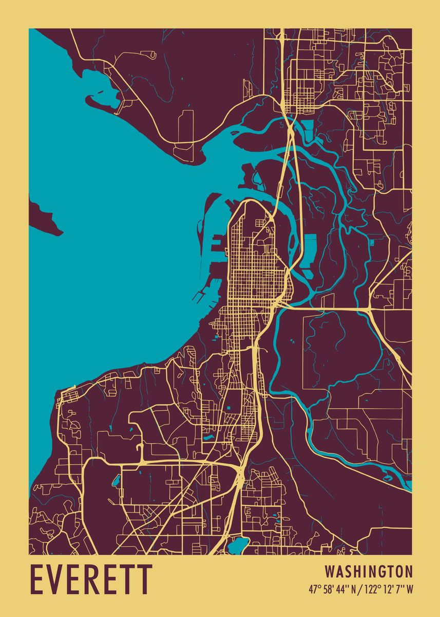 'Everett Washington Map' Poster, picture, metal print, paint by Miracle ...