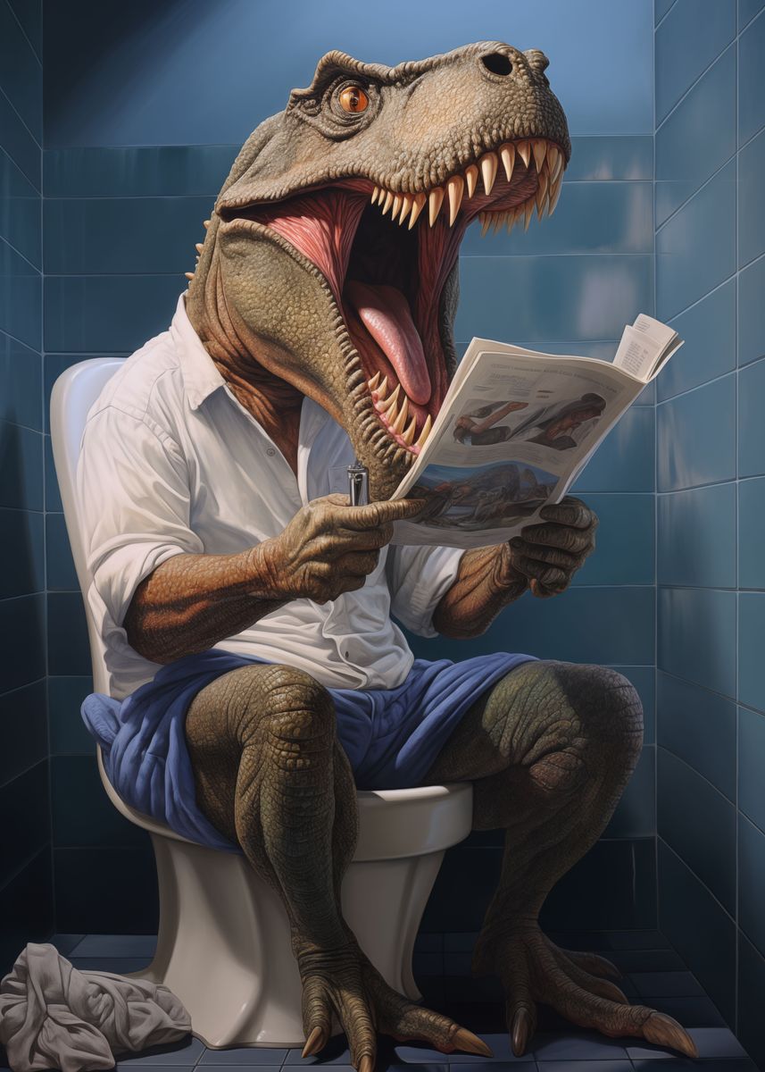 'T rex sitting on a toilet' Poster, picture, metal print, paint by ...