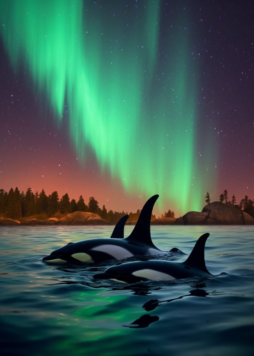 'Aurora Orca Whale northern' Poster, picture, metal print, paint by ...