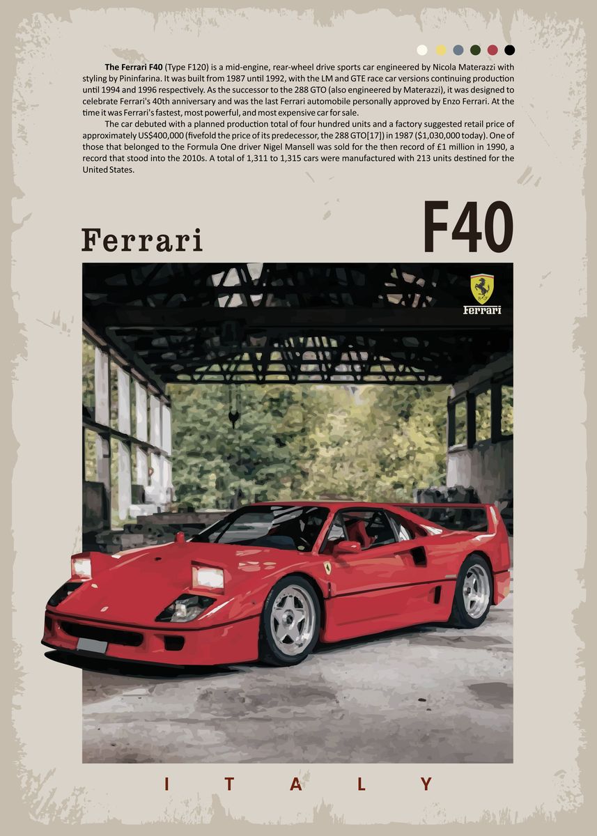 'ferrari f40 vintage info' Poster, picture, metal print, paint by ...
