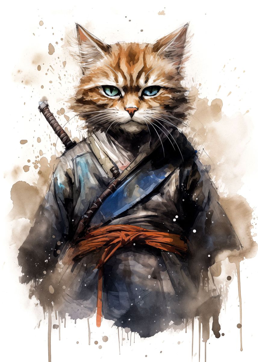 'Samurai Neko' Poster, picture, metal print, paint by Elipscease | Displate