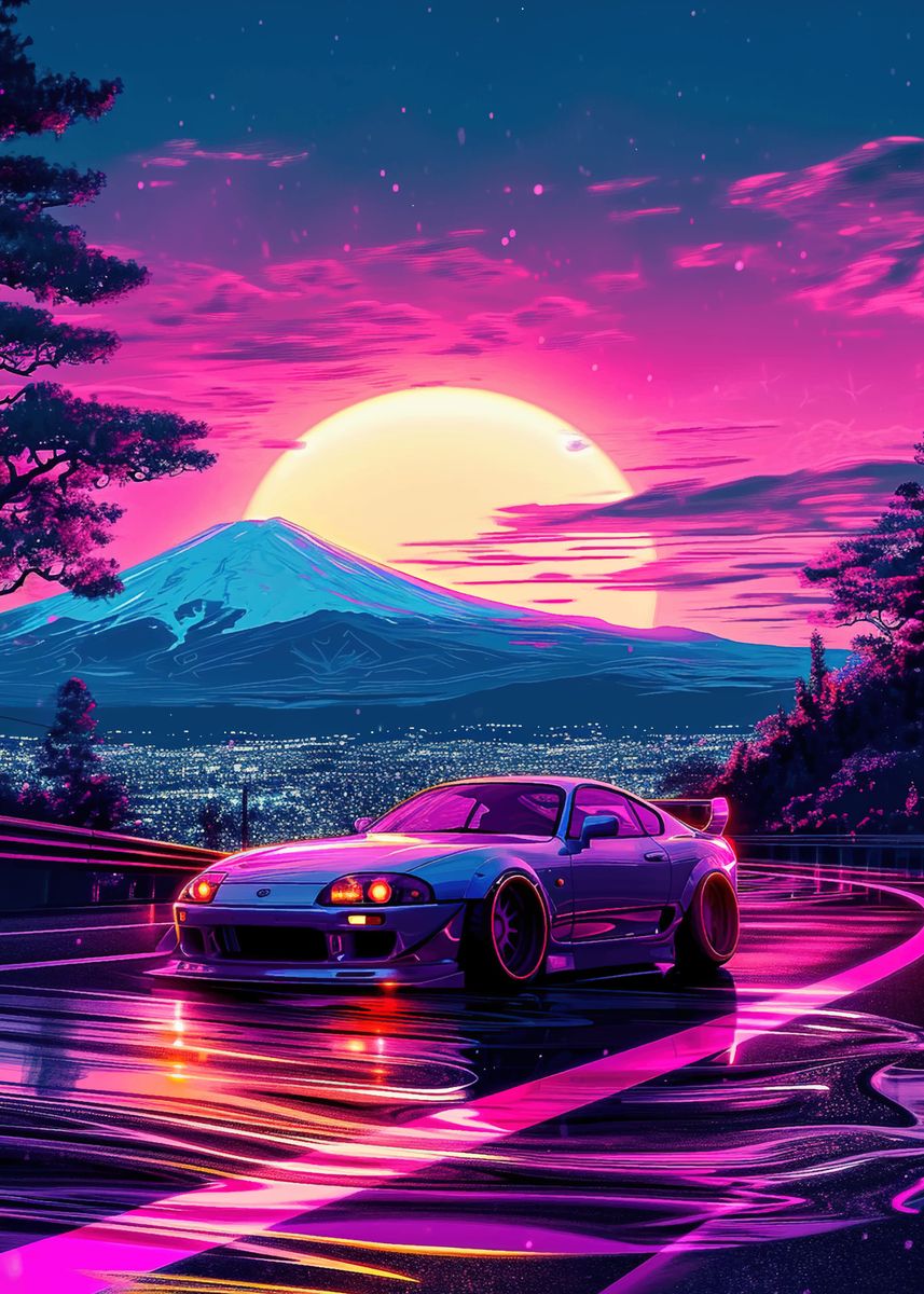 'synthwave retro car sunset' Poster, picture, metal print, paint by ...