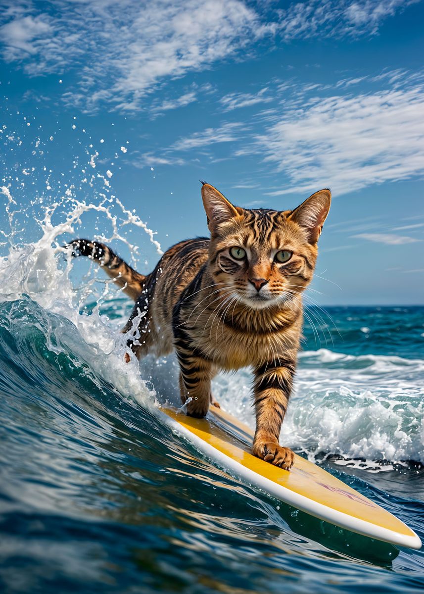 'Surfing cat funny' Poster, picture, metal print, paint by Ayen Khusna ...