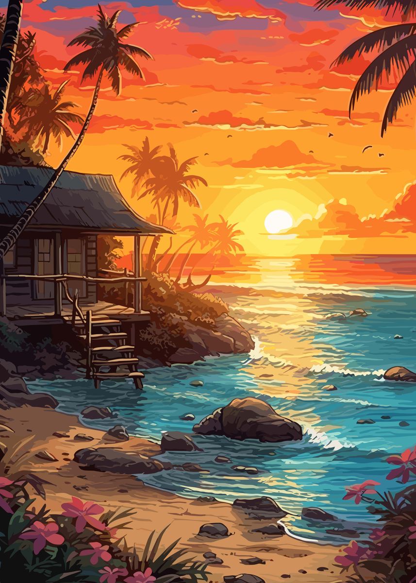'Beautiful Tropical Sunset' Poster, picture, metal print, paint by ...