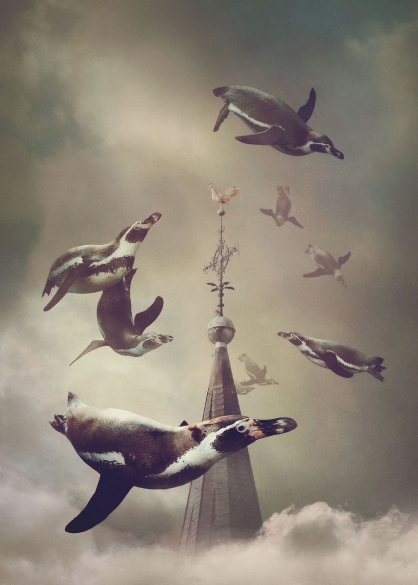 'Penguin Flight' Poster, picture, metal print, paint by Sarah Burge ...