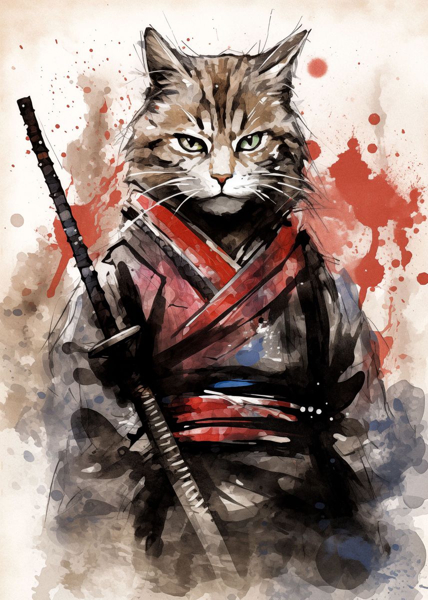 'Samurai Neko' Poster, picture, metal print, paint by Elipscease | Displate