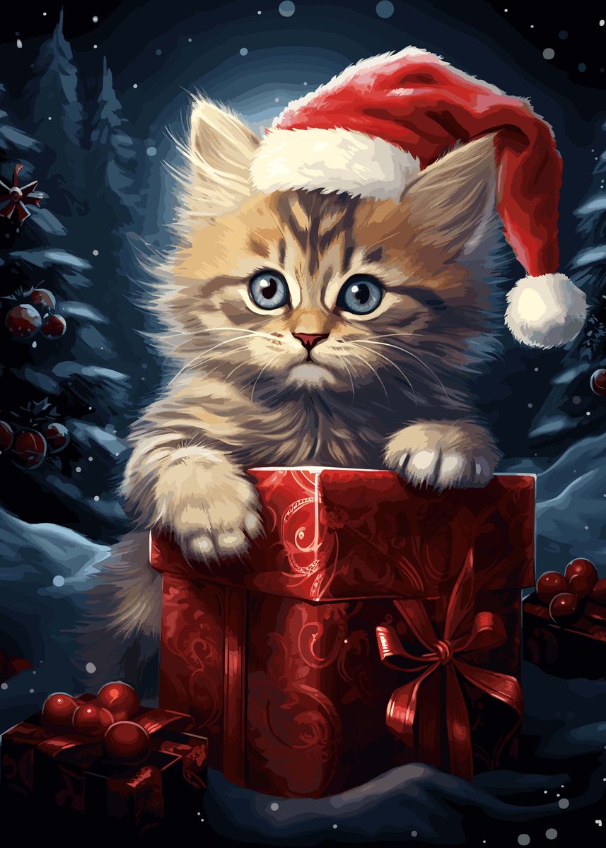 'Cat Christmas' Poster, picture, metal print, paint by Dolores Newman ...