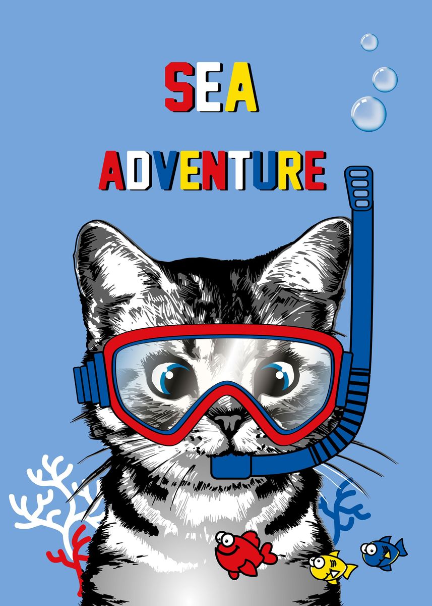 'cat snorkel' Poster, picture, metal print, paint by MARINA ...