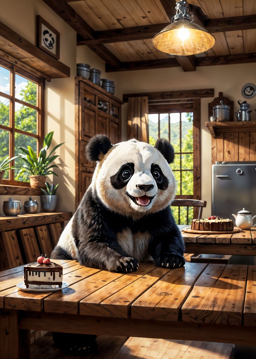 'Cute panda with cake' Poster, picture, metal print, paint by ...