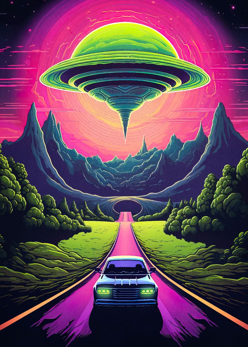 'cosmic night drive retro' Poster, picture, metal print, paint by Patsy ...