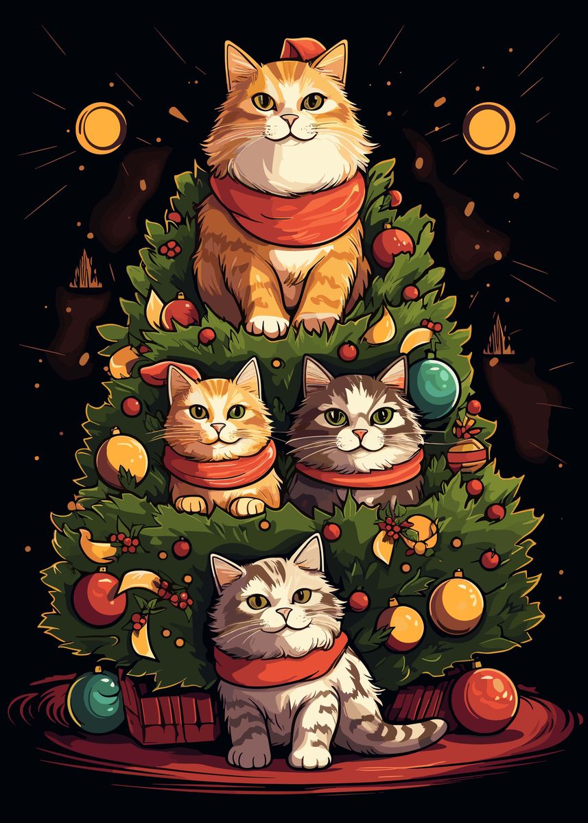 'Cat Christmas' Poster, picture, metal print, paint by Dolores Newman ...