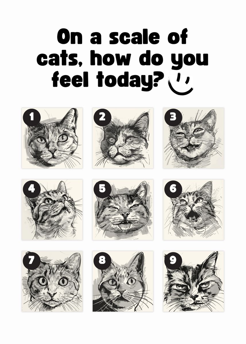'Cats Mood Scale' Poster, picture, metal print, paint by Mark Vincent Verallo | Displate