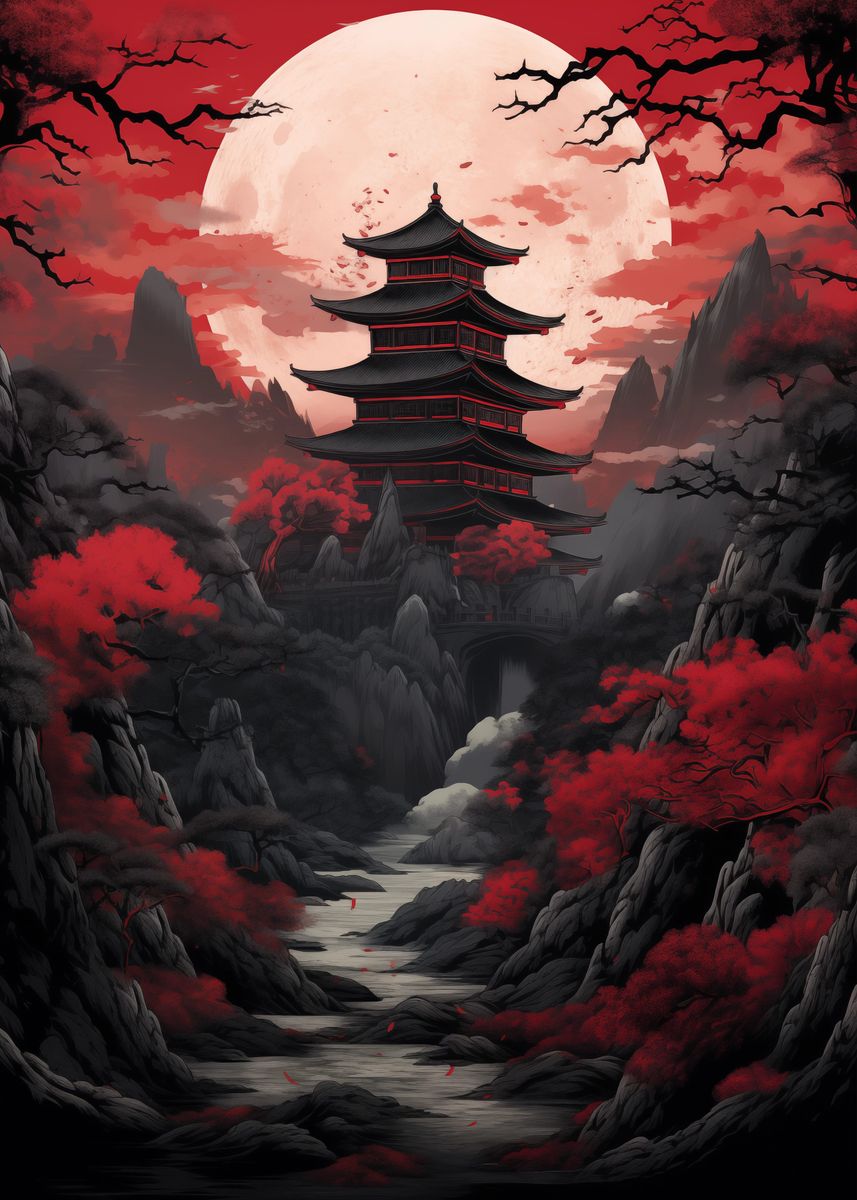 'Red Moon Japan' Poster, picture, metal print, paint by ELYussArt ...