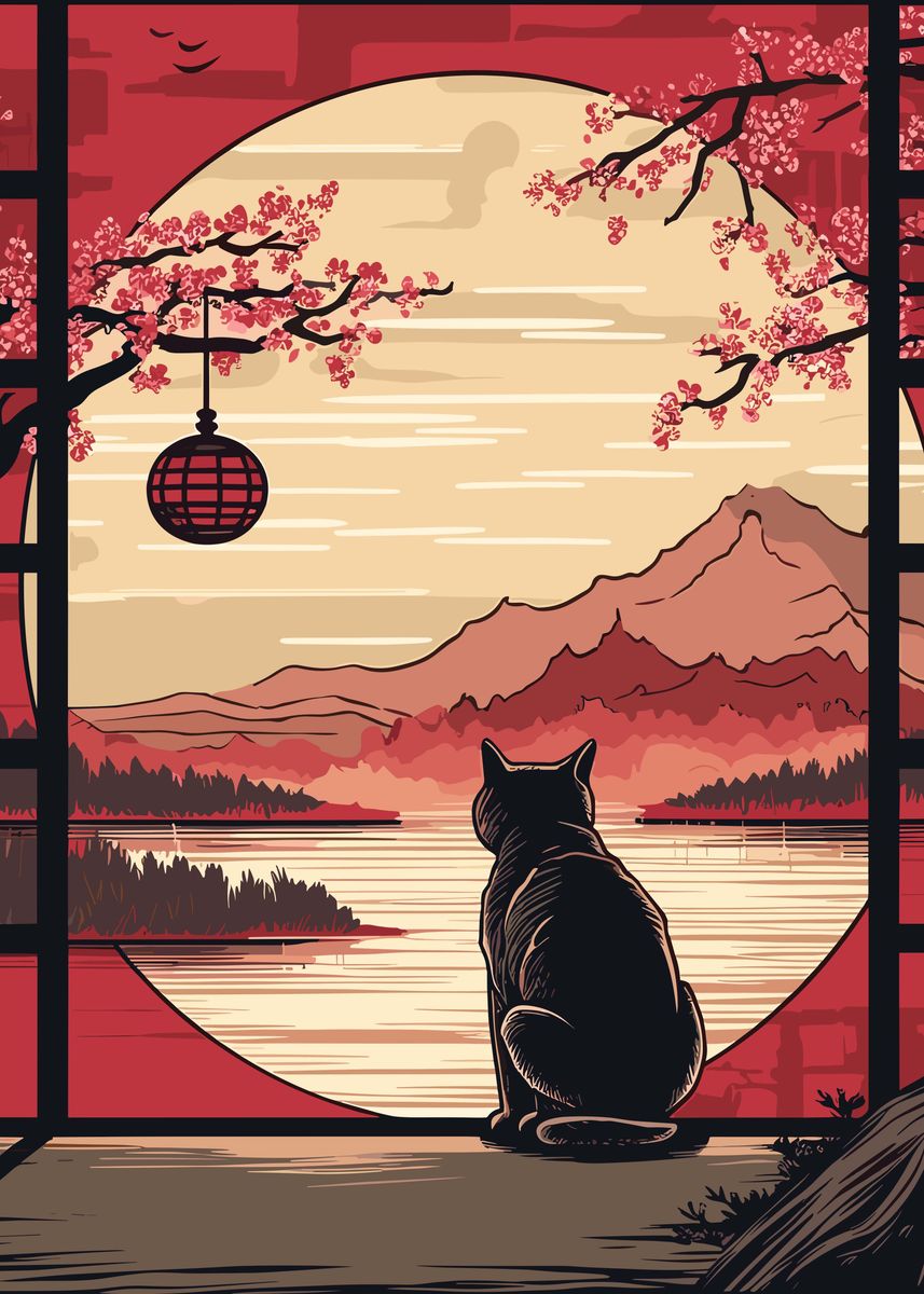'Cat Japanese Landscape' Poster, picture, metal print, paint by Floyd ...