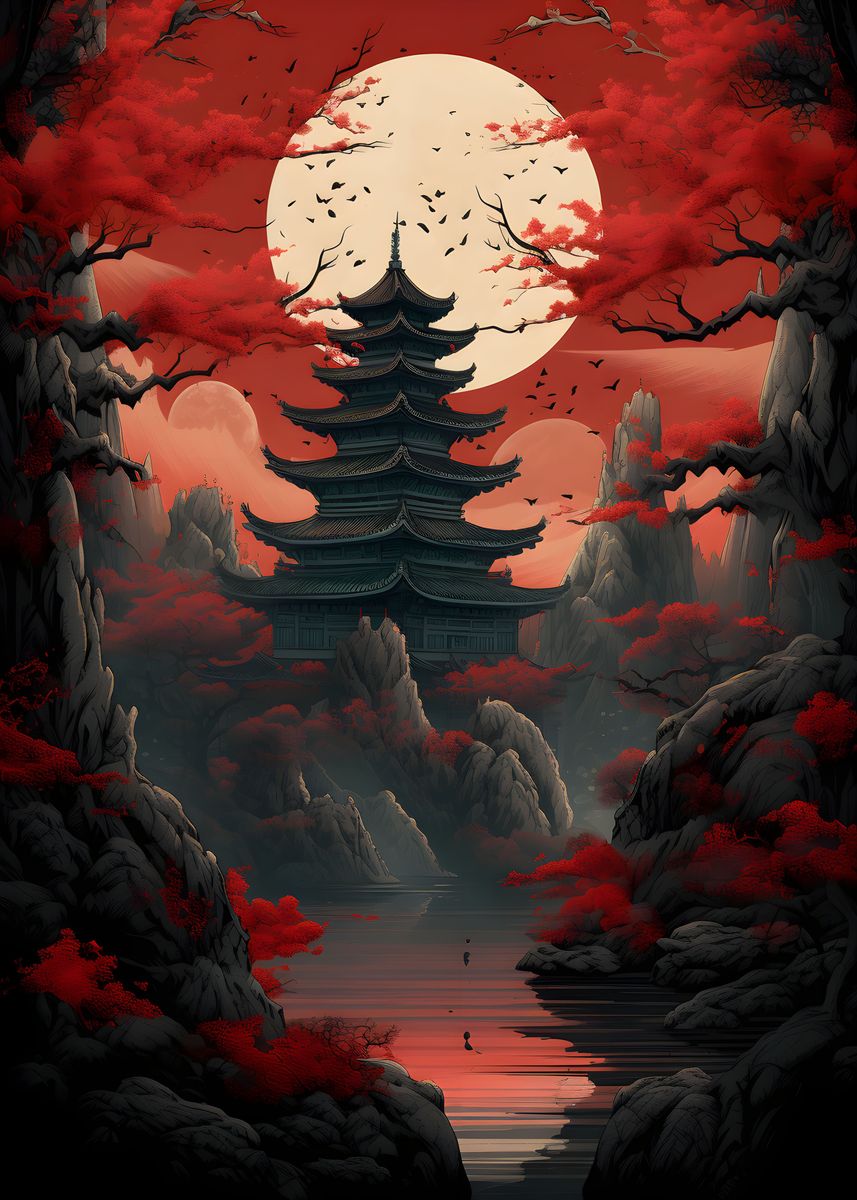 'Red Moon Japan' Poster, picture, metal print, paint by EB Art | Displate