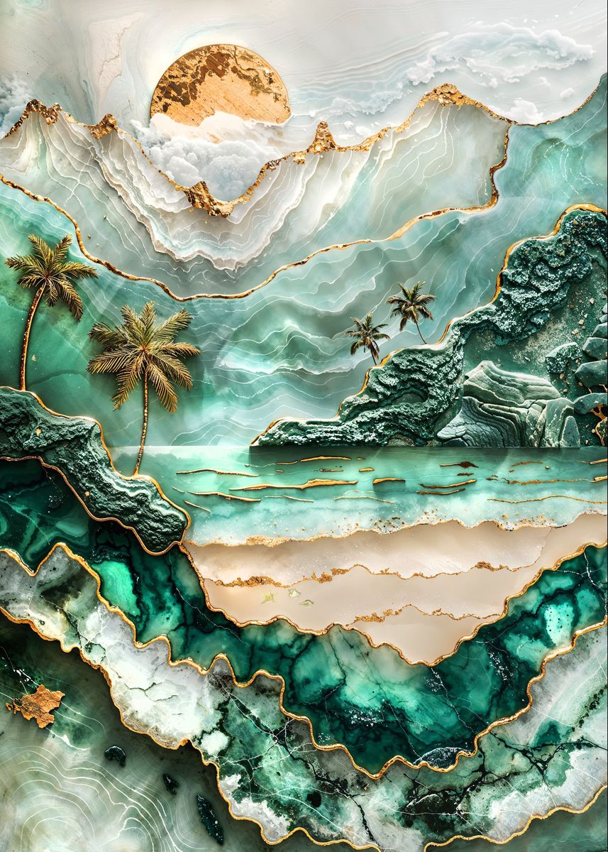 'Jade Sea Lagoon Kintsugi' Poster, picture, metal print, paint by Pixaverse | Displate