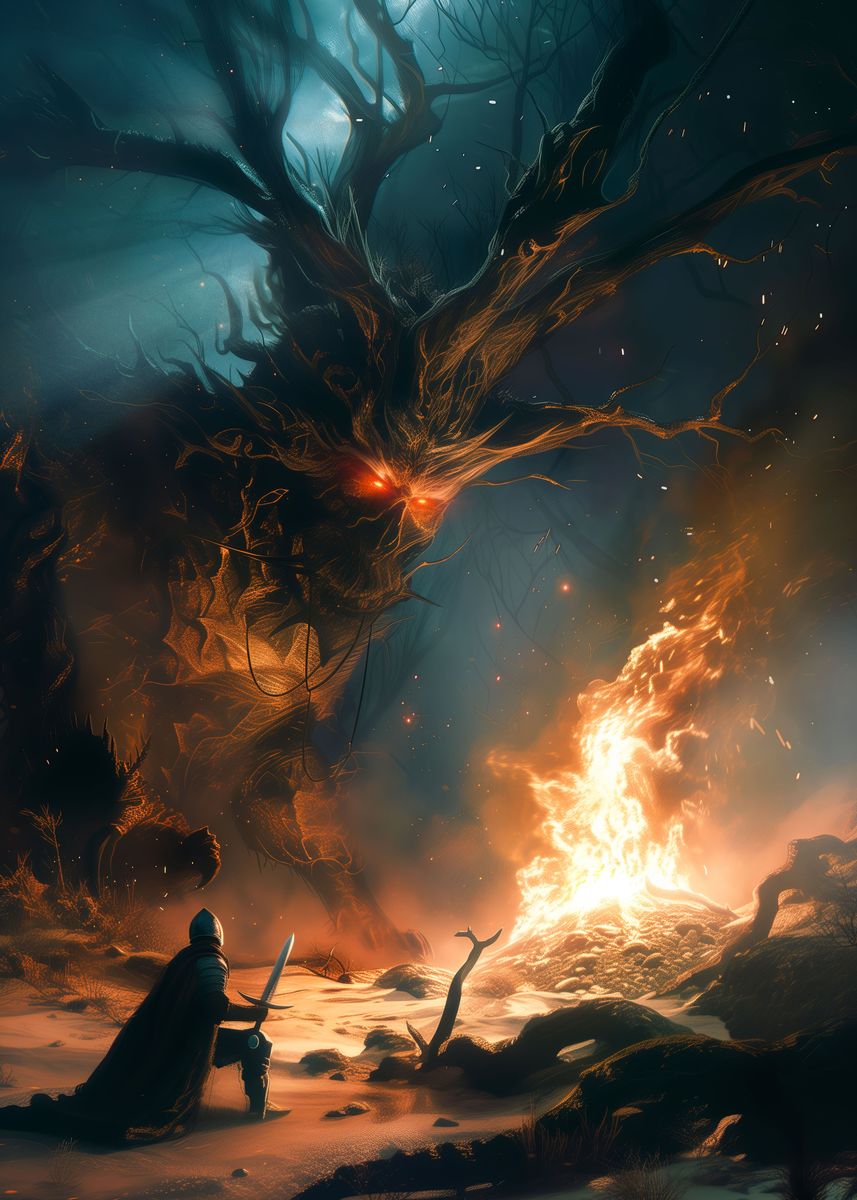 'Nightfire Duel' Poster, picture, metal print, paint by Dehja | Displate