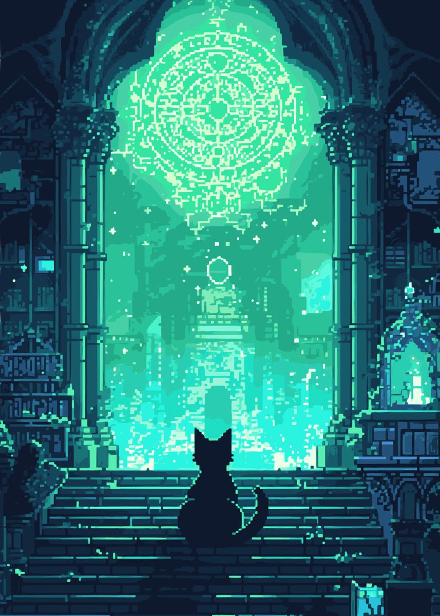 'Pixel Arcane Feline Magic' Poster, picture, metal print, paint by Psycho Imaging Studios | Displate