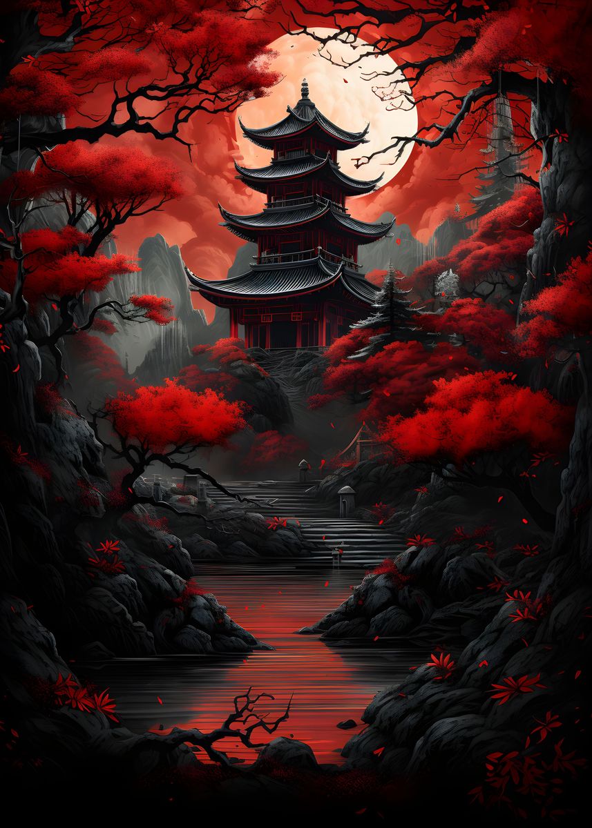 'Red Moon Japan' Poster, picture, metal print, paint by EB Art | Displate