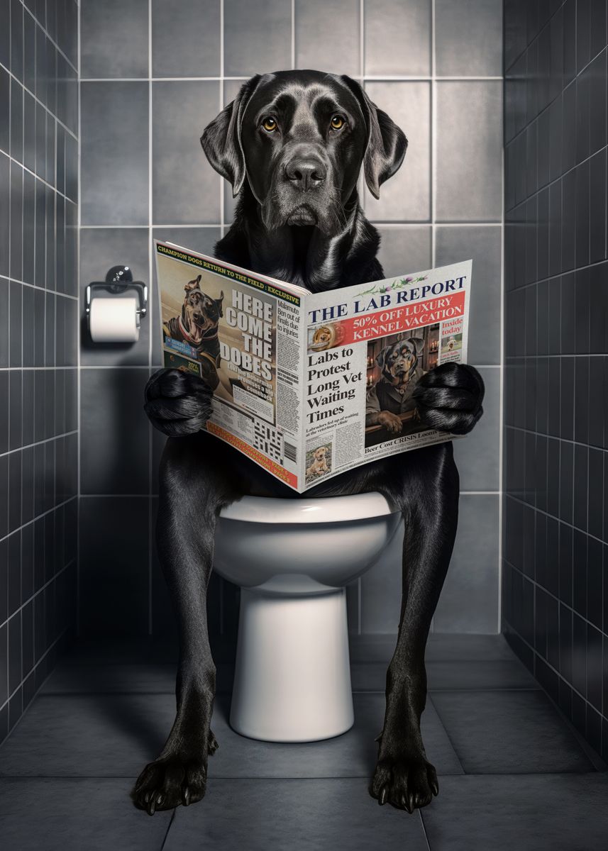 'Black Labrador on Toilet' Poster, picture, metal print, paint by Craig ...