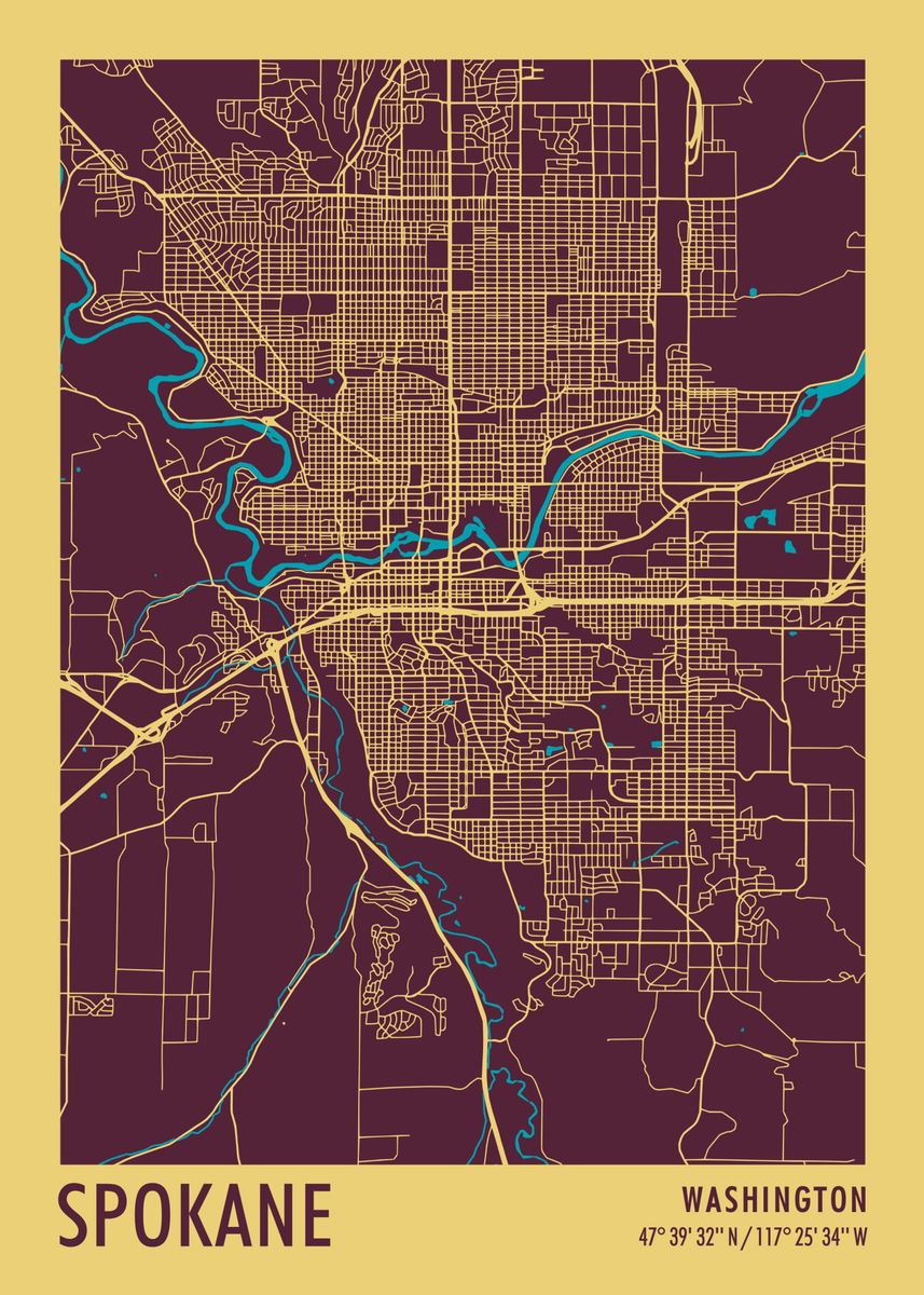 'Spokane Washington Map' Poster, picture, metal print, paint by Miracle ...