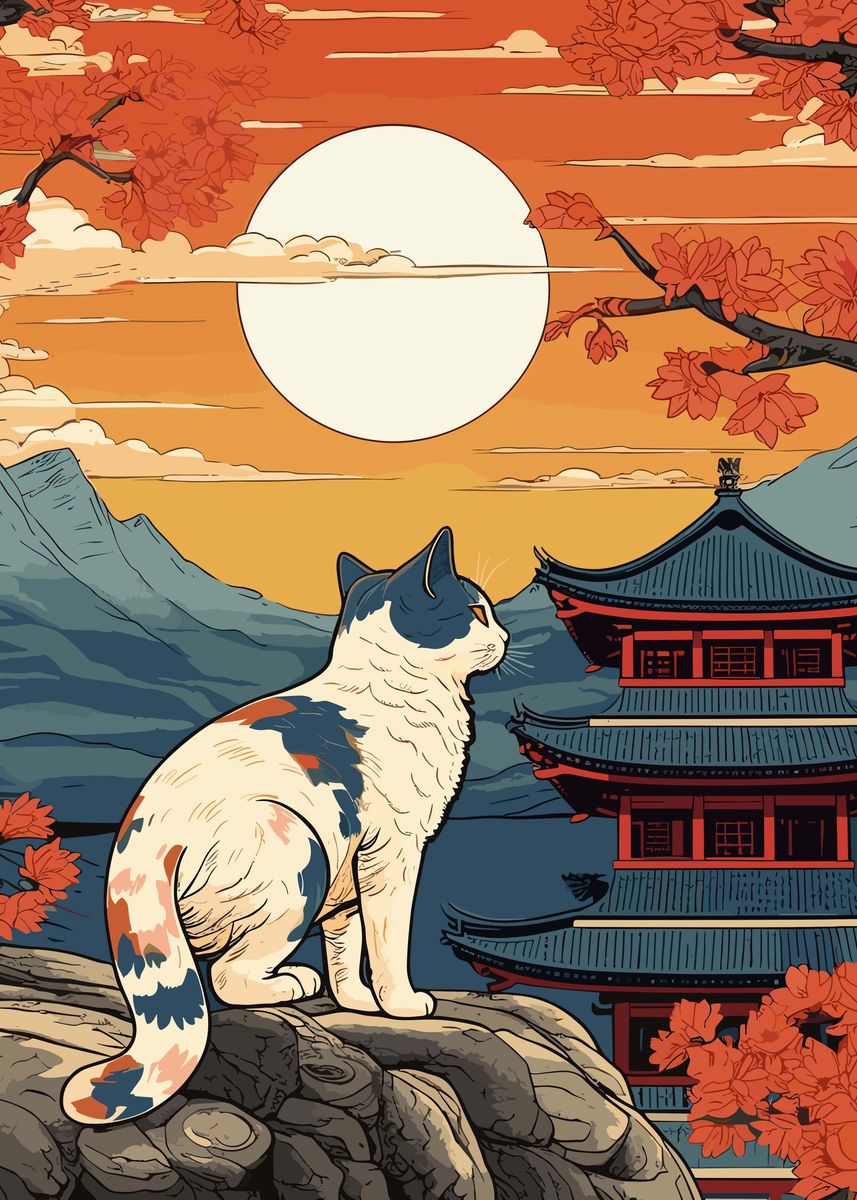 'Cat Japanese Landscape' Poster, picture, metal print, paint by Floyd ...