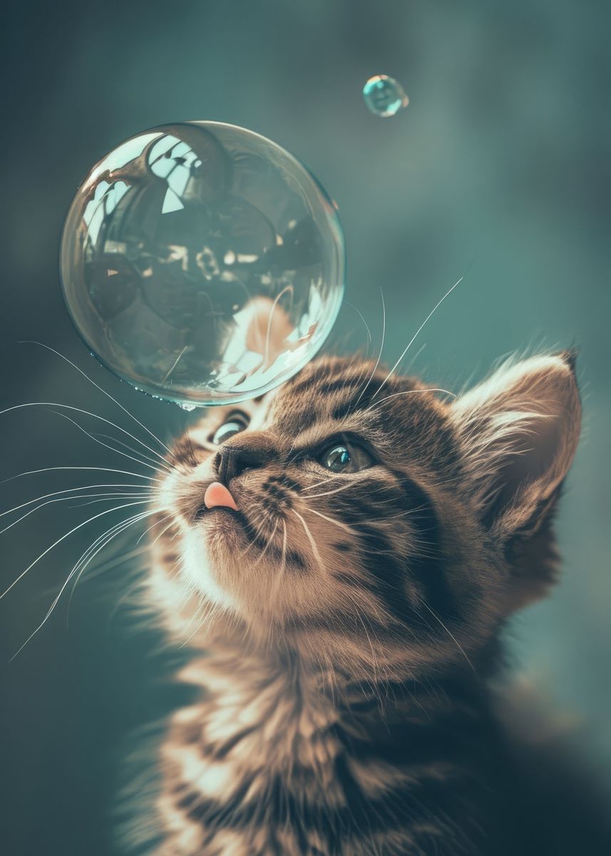 'Tabby Cat Enjoying Bubbles' Poster, picture, metal print, paint by ...
