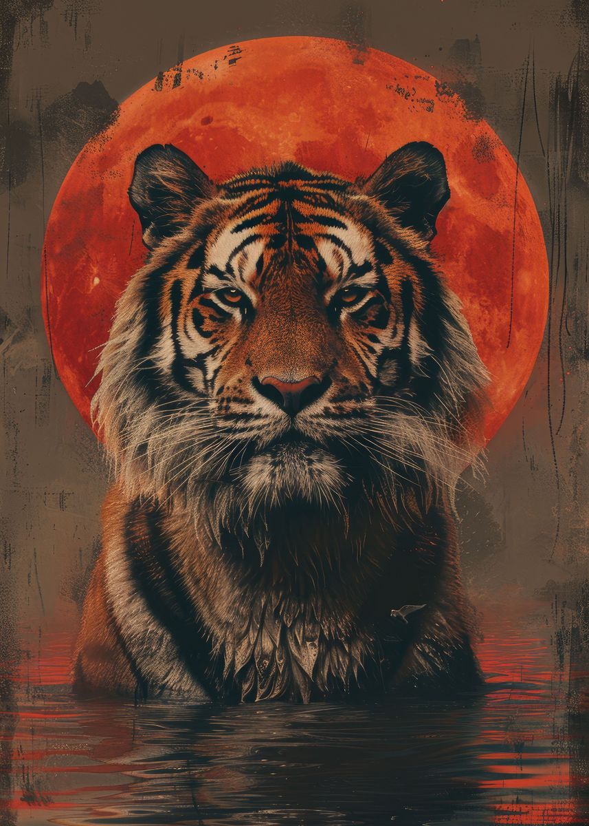'Tiger Water Red Sun Moon' Poster, picture, metal print, paint by ...