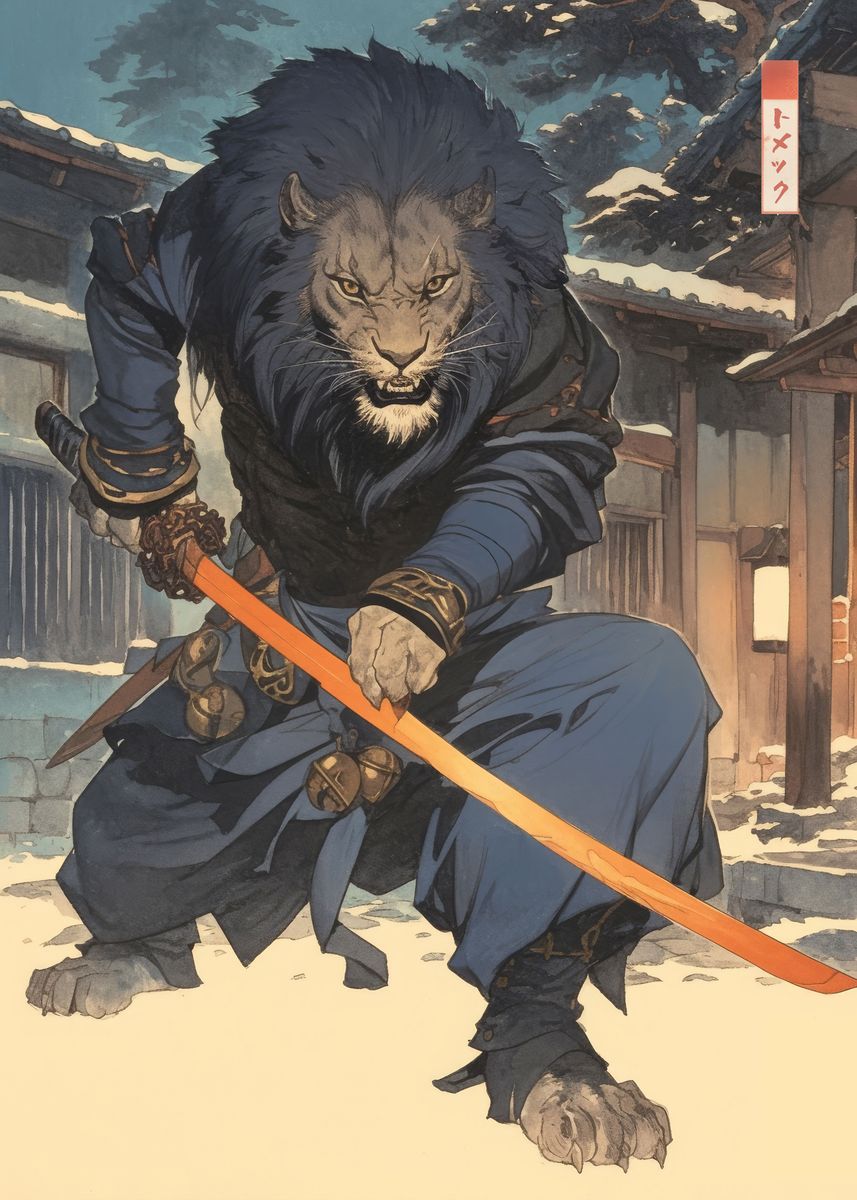 'Samurai Lion with Katana' Poster, picture, metal print, paint by ...