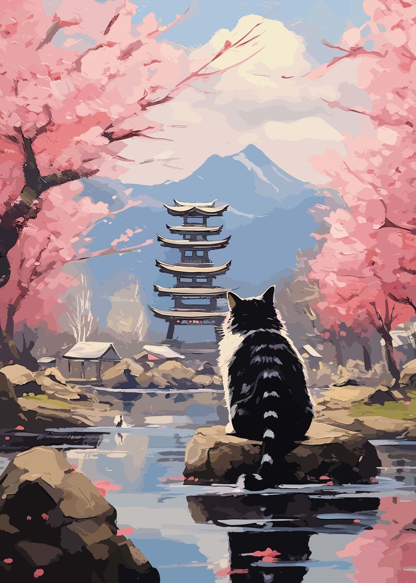 'Cat Japanese Landscape' Poster, picture, metal print, paint by Floyd ...