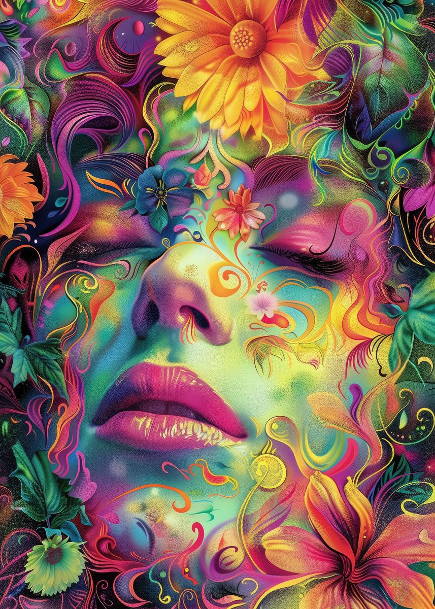 'Psychedelic Floral Woman' Poster, picture, metal print, paint by ...