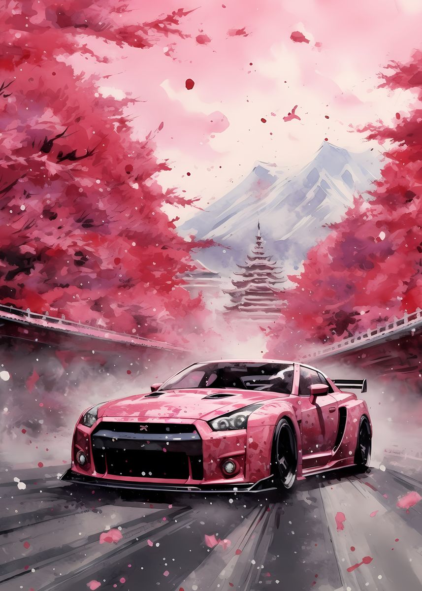'Cherry Blossom Nissan Car' Poster, picture, metal print, paint by ...