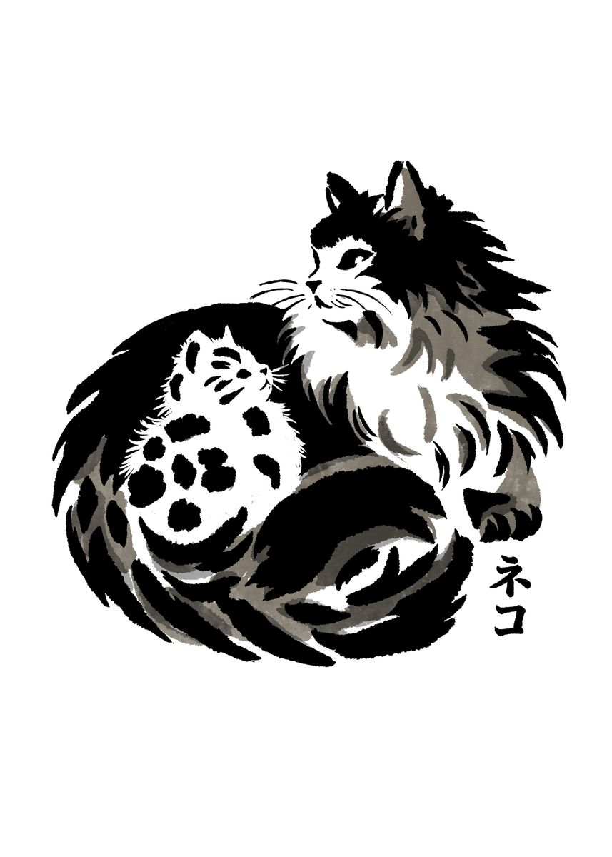 'Sumie Japanese Cats' Poster, picture, metal print, paint by Fanfreak ...