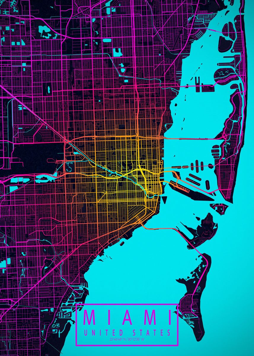 'Miami City Map Neon' Poster, picture, metal print, paint by deMAP ...