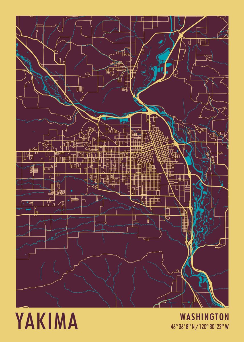 'Yakima City Map' Poster, picture, metal print, paint by Miracle Studio ...
