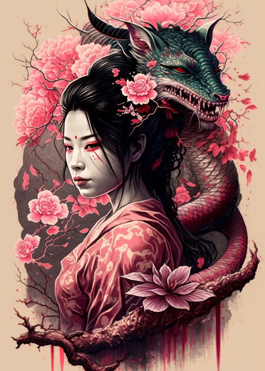'Dragon geisha' Poster, picture, metal print, paint by Japanese ...
