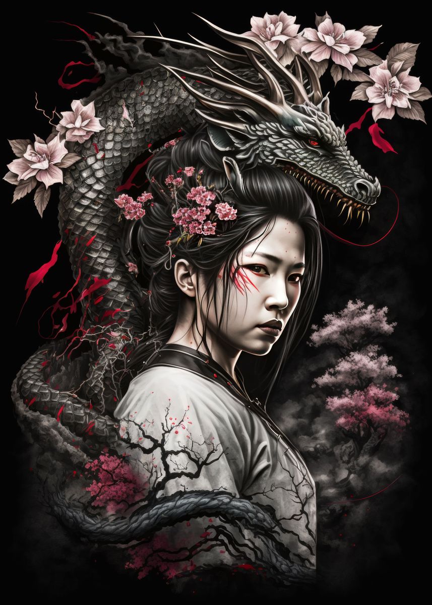 'Dragon geisha' Poster, picture, metal print, paint by Japanese ...