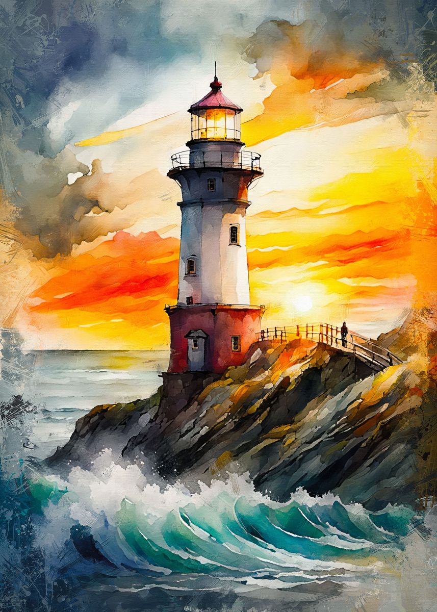 'The Lighthouse at Sunset' Poster, picture, metal print, paint by ...