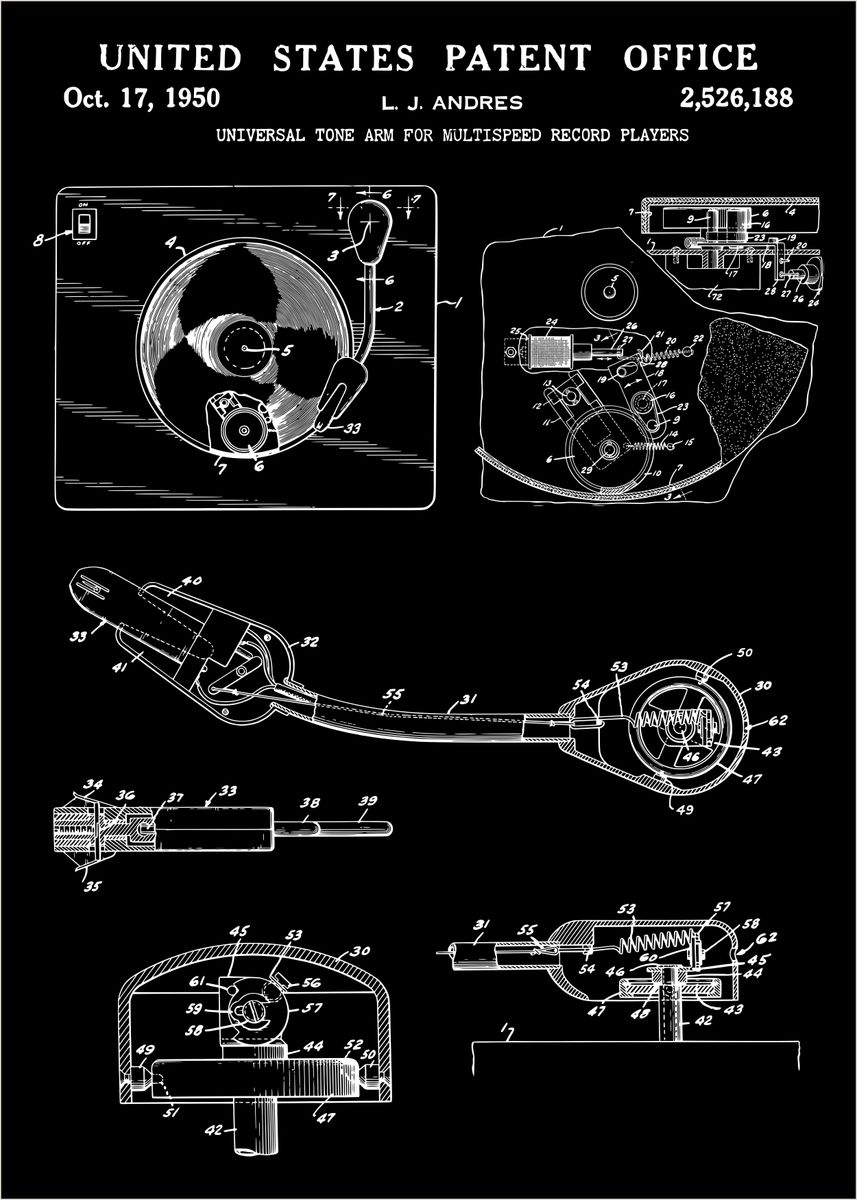 'Record player patent' Poster, picture, metal print, paint by Sam Kal ...