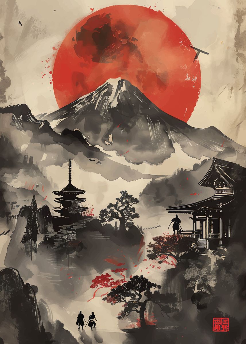 'Red Moon Japan' Poster, picture, metal print, paint by Luna Studio ...