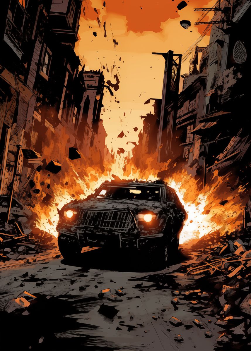 'Cyberpunk Car Explosion' Poster, picture, metal print, paint by ...