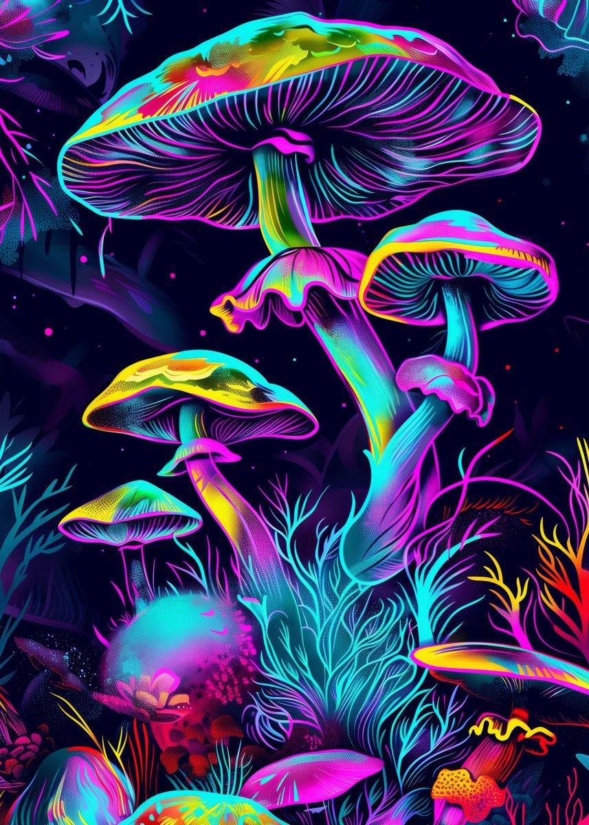 'Psychedelic Neon Mushrooms' Poster, picture, metal print, paint by Vizio | Displate
