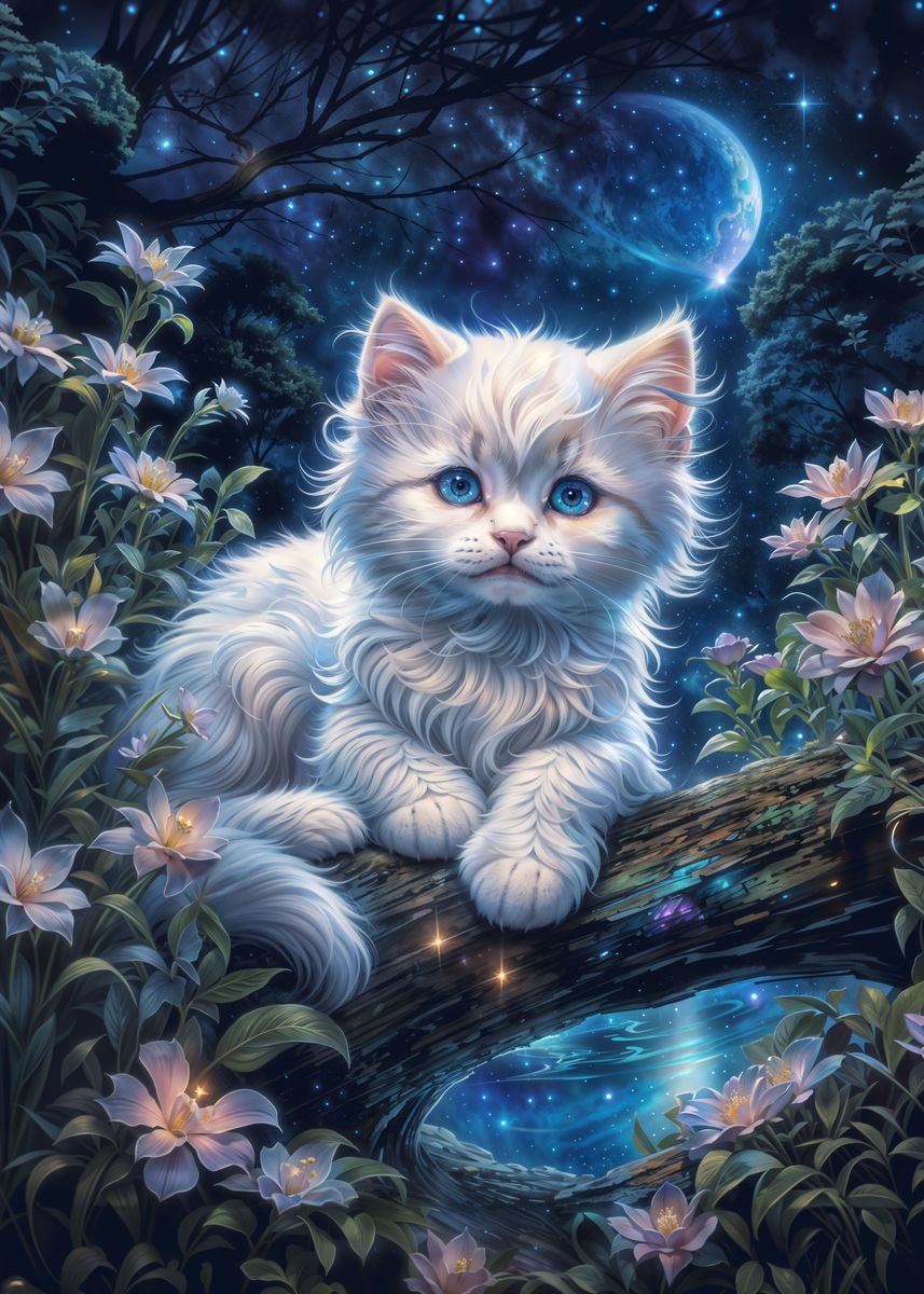 'Kitten dreaming in night' Poster, picture, metal print, paint by ...