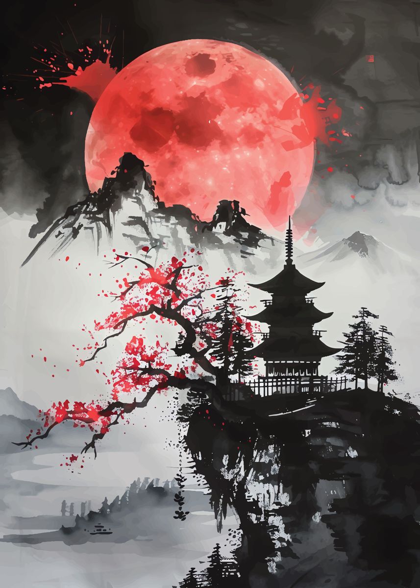 'Red Moon Japan' Poster, picture, metal print, paint by Luna Studio ...