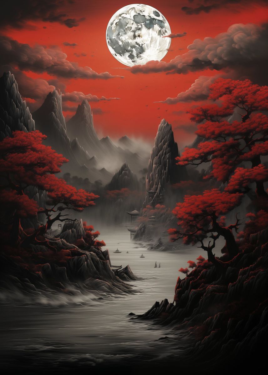 'Red Moon Japan' Poster, picture, metal print, paint by designgraphic1 ...