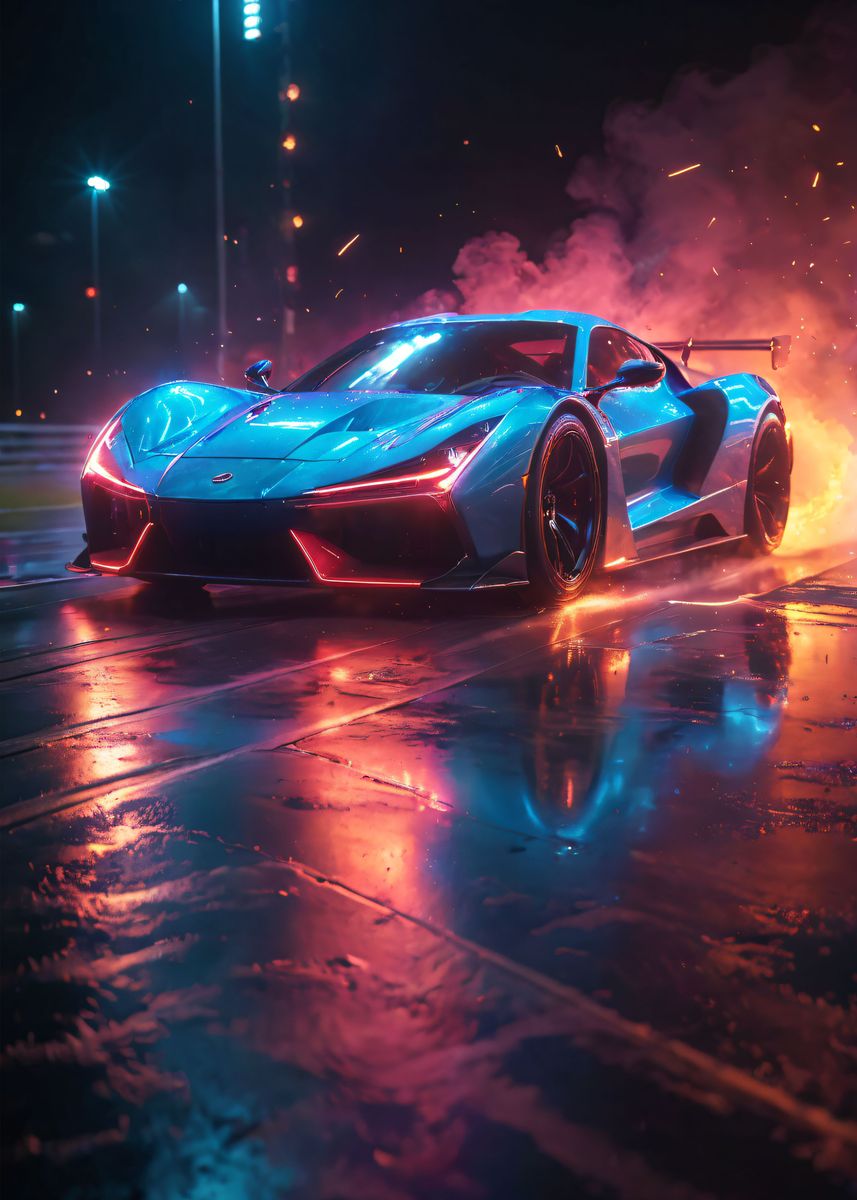 'Blue drifting sports car' Poster, picture, metal print, paint by ...