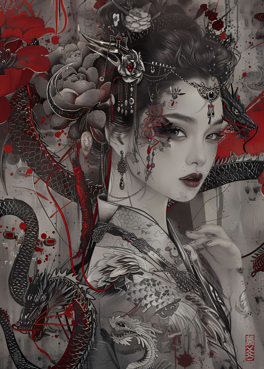 'Geisha and Dragon Art' Poster, picture, metal print, paint by Wildlife ...