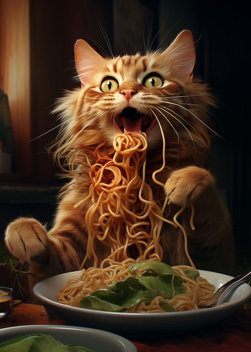 'Cat Eating Spaghetti' Poster, picture, metal print, paint by VAGANTE ...