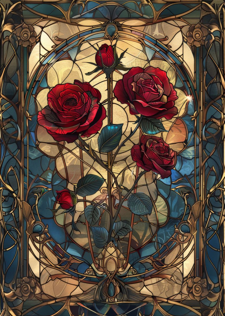 'Art Deco Red Rose Floral' Poster, picture, metal print, paint by ...