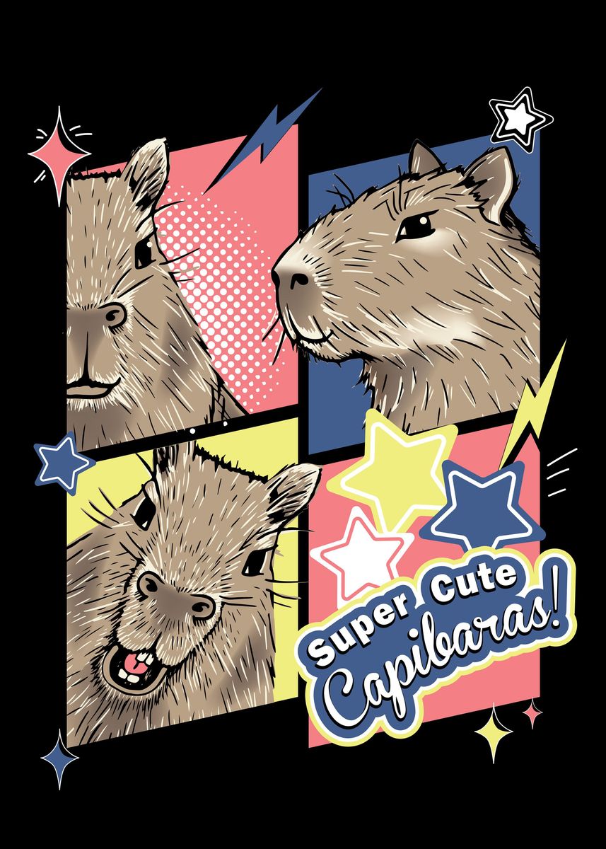 'Cute and happy capybaras' Poster, picture, metal print, paint by MARINA SMORODINSKAYA | Displate